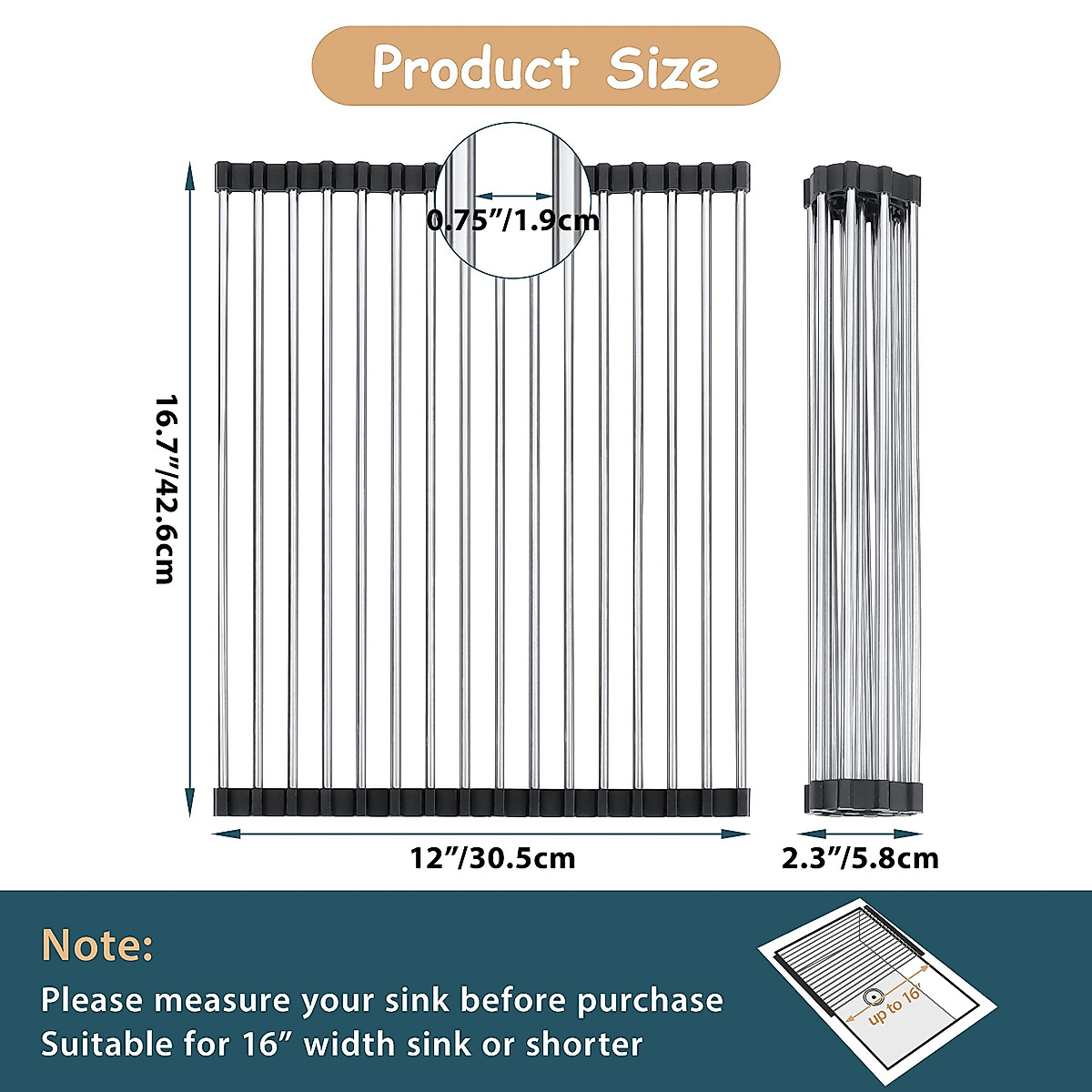 Herogo Roll Up Dish Drying Rack, Stainless Steel Over The Sink Dish Drying Rack for Kitchen Sink, Versatile Kitchen Sink Drying Rack for Kitchen Counter, 16.7” x 12”, Slide-Proof & Heat-Proof