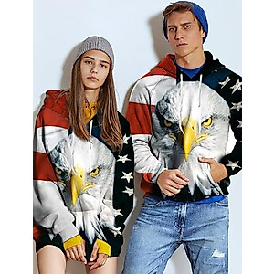 RAISEVERN Men and Women Novelty Fleece Hoodies Flag Printed 80s Pullover Athletic Sweaters Long Sleeve Fleece Hooded Sweatshirts Red White