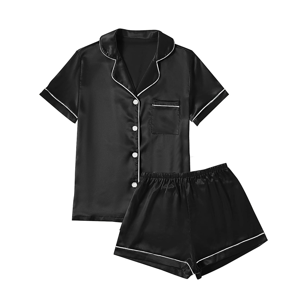 LYANER Women's Satin Pajamas Set Short Sleeve Button Shirt Silky Sleepwear with Shorts Set PJ Black Small