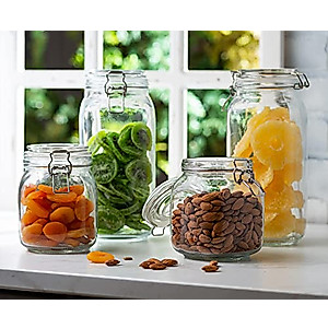 4 Glass Food Storage Jars with Airtight Lids + Chalkboard & Marker, Kitchen Canisters for Flour, Sugar, Coffee, Cereal, Pasta, Canning, Cookie Jar with Clamp Lid, Square Mason Jars 2-78oz, 2-34oz