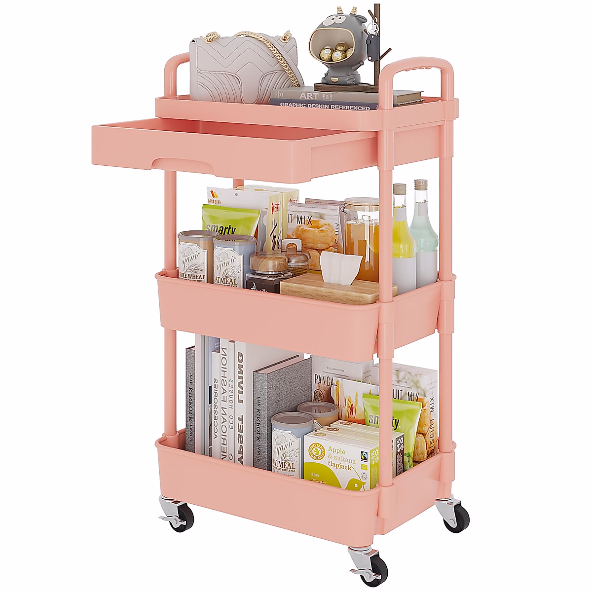 Calmootey 3-Tier Rolling Utility Cart with Drawer,Multifunctional Storage Organizer with Plastic Shelf & Metal Wheel,Storage Cart for Kitchen,Bathroom,Living Room,Office,Pink