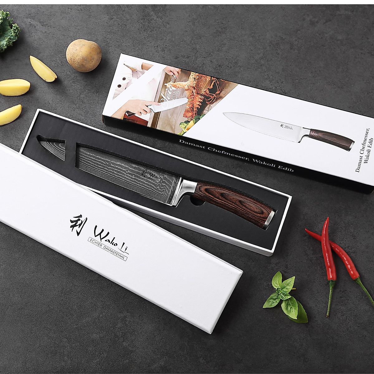 Wakoli Chef Knife, 8-inch Blade Damascus Knife made from 67 Layers of Damascus Steel with VG10 Core, Ergonomic Kitchen Knives with Pakkawood Handle for All Tasks in Gift Box (EDIB)