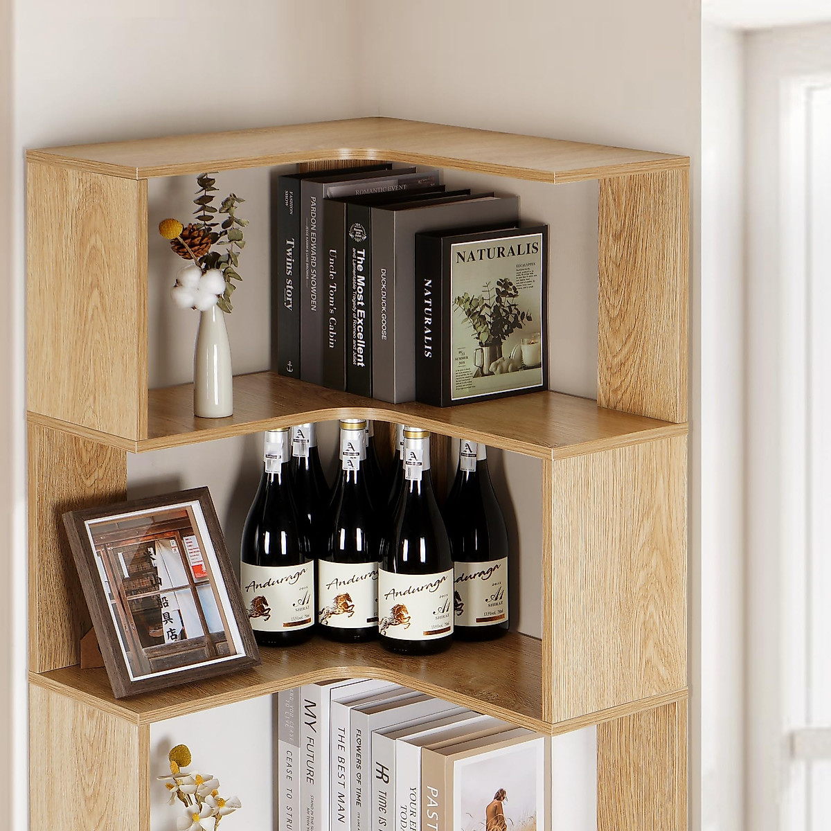 tonchean 5-Tier Corner Bookshelf 69" Tall Modern Wooden Corner Bookcase L-Shaped Shelf Storage Display Rack for Bedroom, Living Room, Home Office