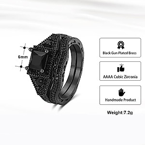 Danielle Wedding Ring Set for Women by Ginger Lyne - Black Plated Engagement Ring for Women - Black Purple Pink or Blue Cubic Zirconia Wedding Band Gothic Birthstone Bridal Jewelry Size 7