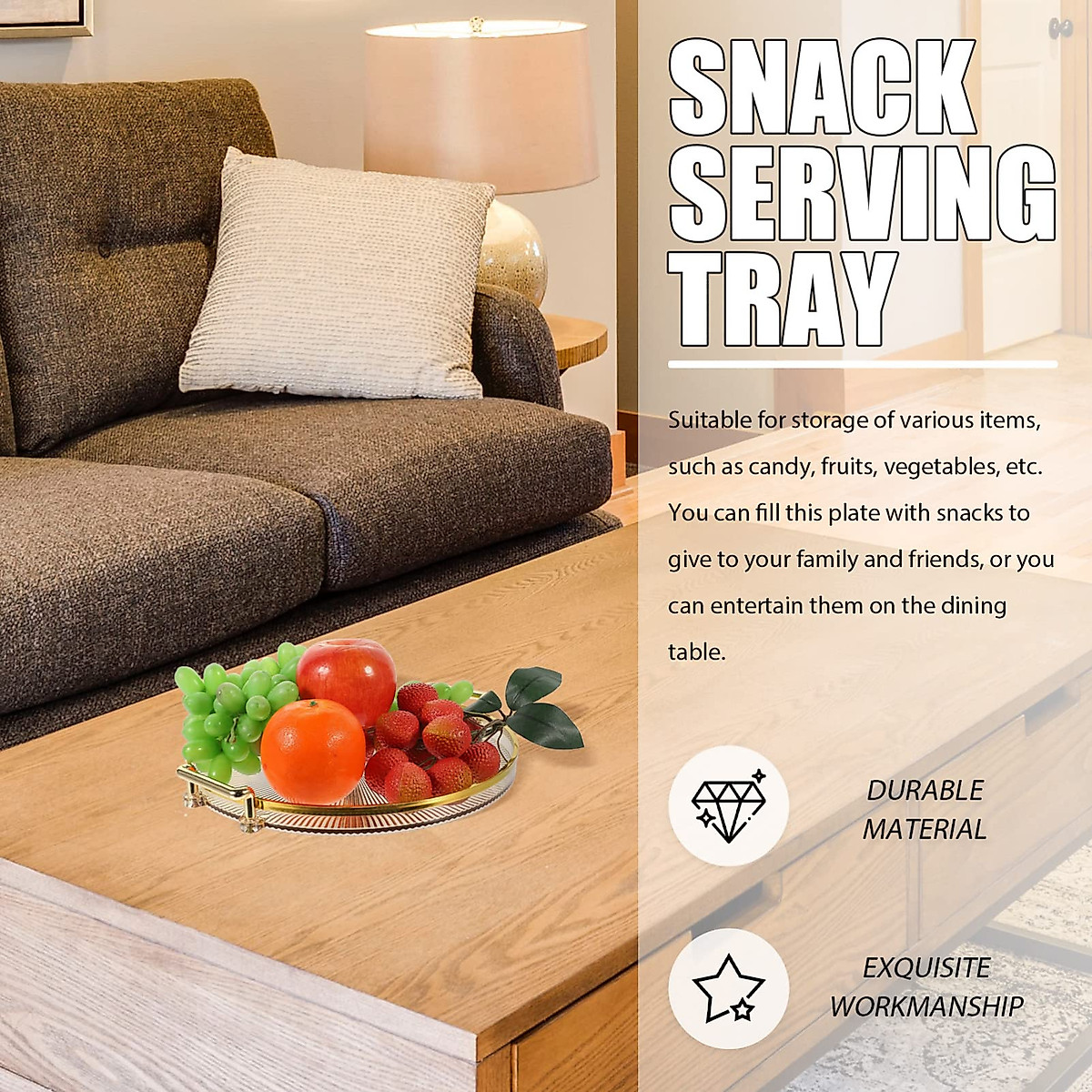 CALLARON Plastic Tray Plastic Tray Decorative Round Serving Tray with Handles Modern Decorative Tray Serving Platter Fruit Dessert Plate Cake Dish Perfume Tray for Vanity Coffee Table