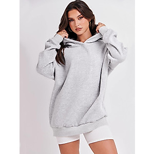 ANRABESS Women's Oversized Hoodies Long Sleeve Fleece Sweatshirts Solid Casual Hooded Pullover Loose Lightweight Fall Tops Clothes Grey A1023qianhuahui-L
