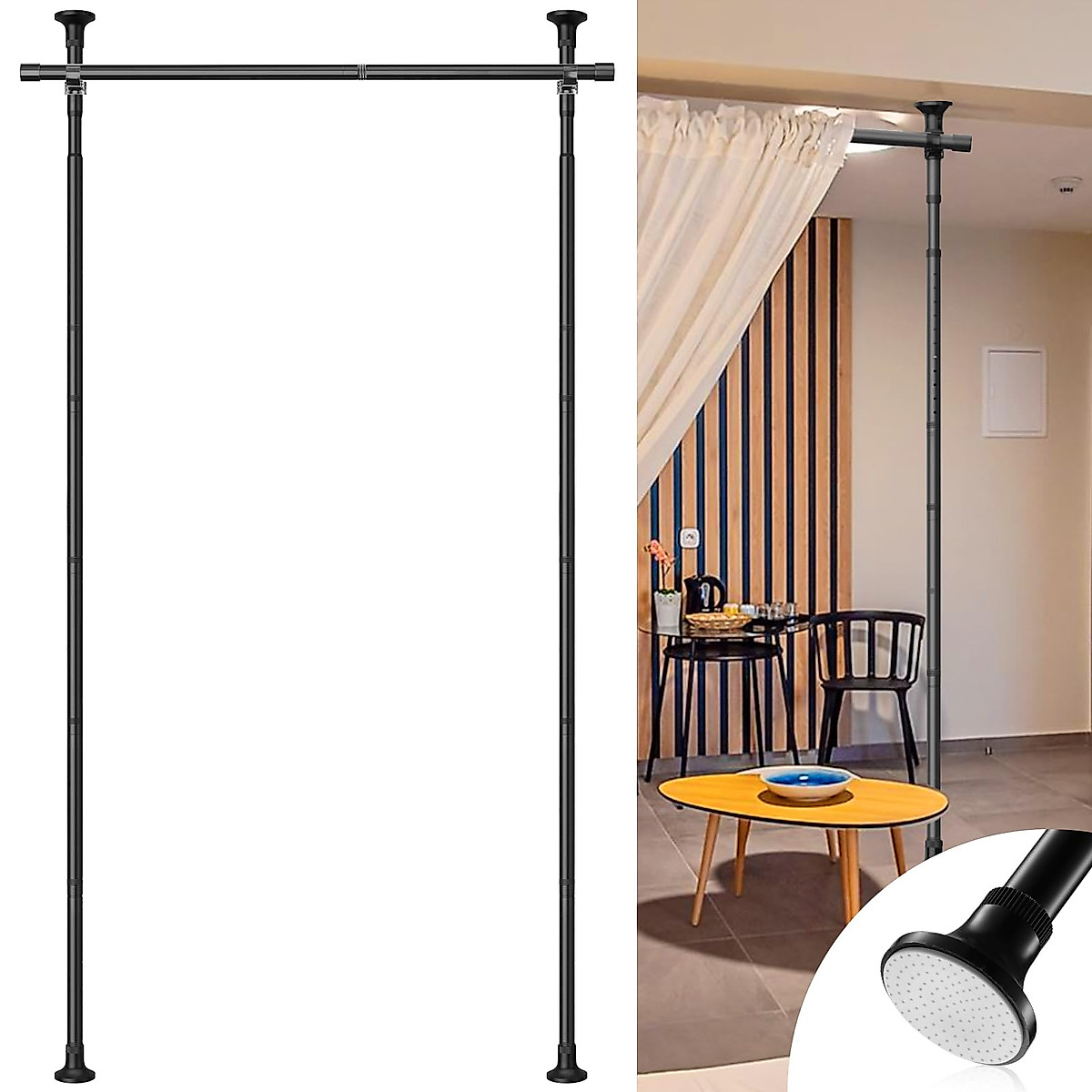 Freestanding Room Divider Curtain Rod - No Drilling Partition Room Dividers Wall,28-72inch(W) 4-10ft(H),Portable Tension Rod Curtain Stand for Studio Apartment Room Separation -Room Separator Black
