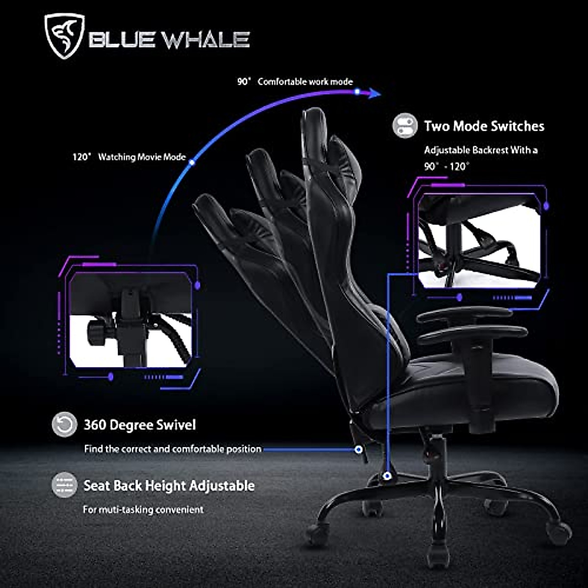 Blue Whale Massage Gaming Chair Desk Office Chair Ergonomic High Back Racing Computer Chair with Headrest and Lumbar Support Backrest, Seat Height Adjustable Swivel Chair(Black)