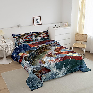 Feelyou American Flag Big Pike Fish Comforter Set Bass Big Fish Bedding Set for Kids Boys Girls Hunting Fishing Comforter Soft Quilt Set Twin Size