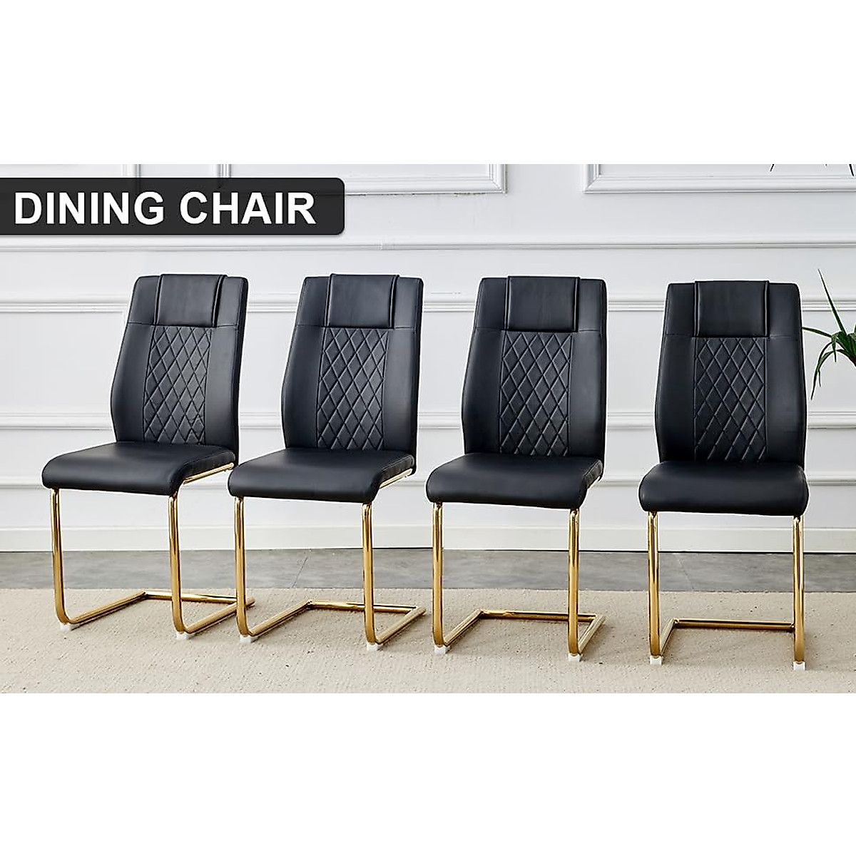 Modern Dining Chairs Set of 4, PU Leather Dining Chairs High Back Upholstered Chairs Ergonomics Dining Chairs with Gold Metal Leg for Kitchens,Living Rooms,Bedrooms,Offices (Black)