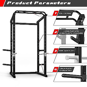 RitFit PPC01 Power Cage, 1000LB Capacity Power Rack Full Home Gym for Weightlifting, Come with J-Cups, Plate Holders and Other Attachments (Basic Version)-Black