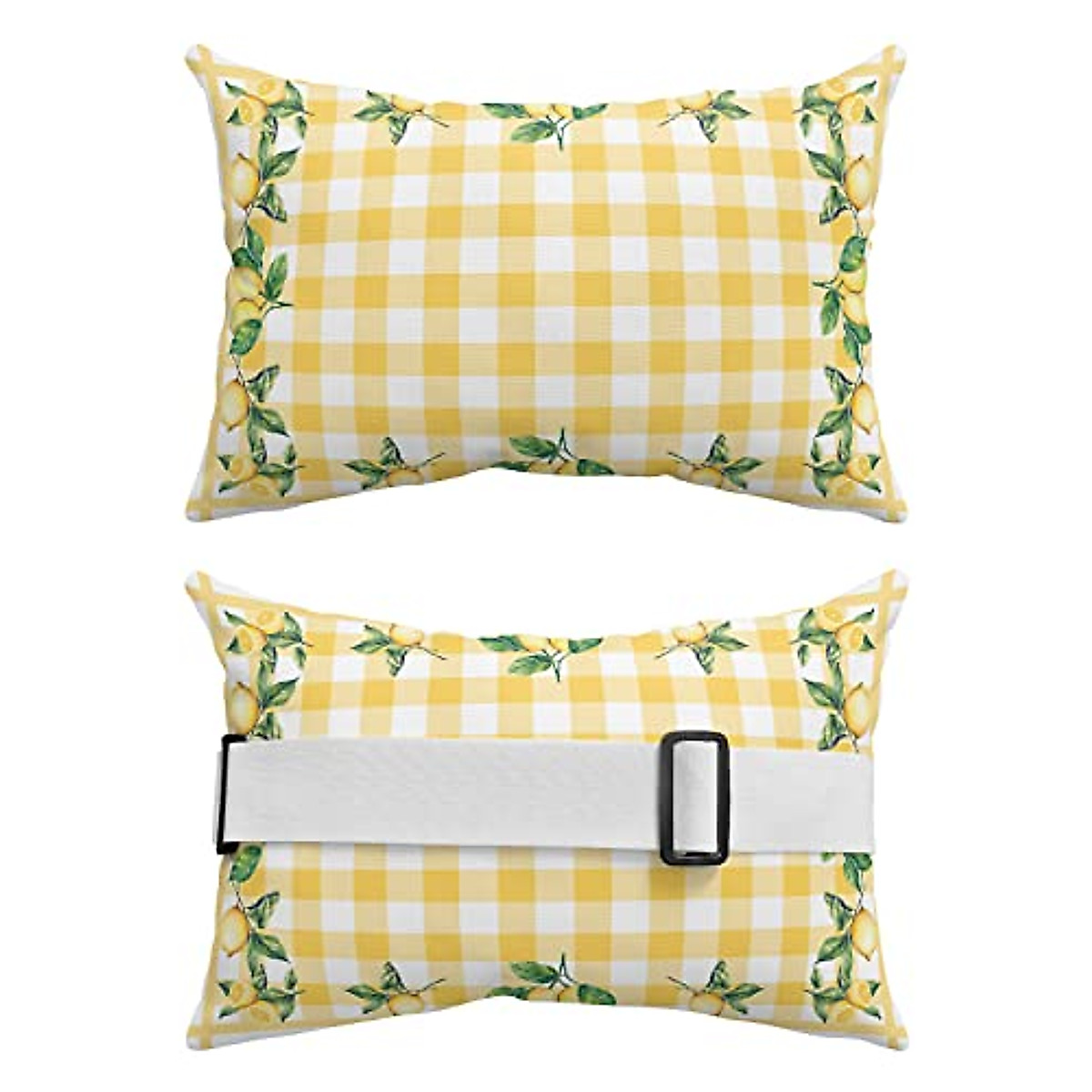 Recliner Head Pillow Ledge Loungers Chair Pillows with Insert Summer Lemon Leaves Yellow Plaid Lumbar Pillow with Adjustable Strap Outdoor Waterproof Patio Pillows for Beach Pool Chair, 2 PCS