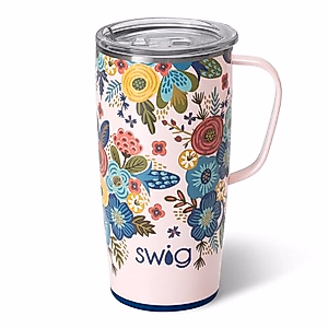 Swig Life 22oz Travel Mug, Insulated Tumbler with Handle and Lid, Cup Holder Friendly, Dishwasher Safe, Stainless Steel, Travel Coffee Cup, Insulated Mug with Lid (Bella Rosa)