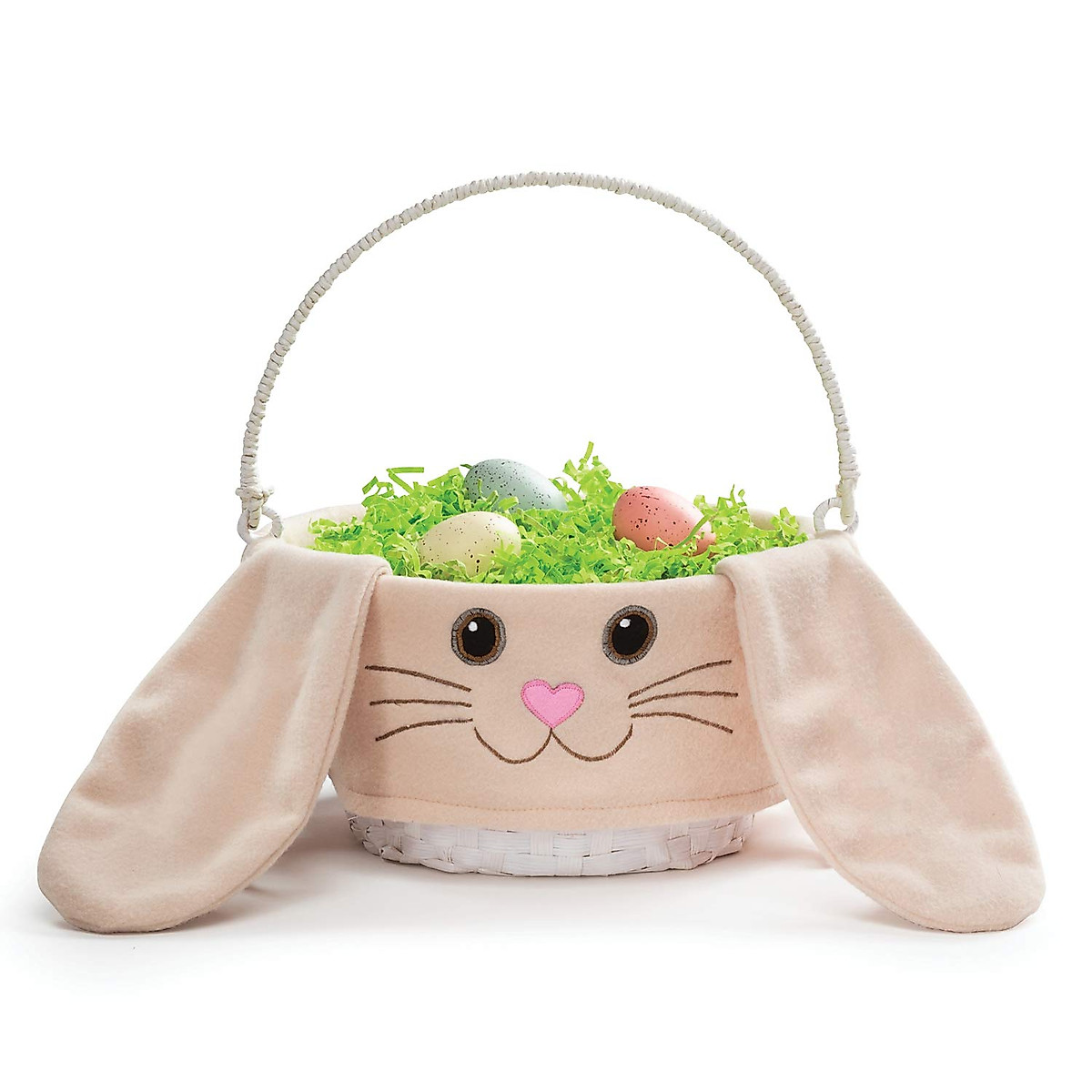 Personalized Easter Egg Basket with Handle and Custom Name in Brown Script | Floppy Ear Bunny Easter Basket Liners | White Basket | Woven Easter Baskets for Kids | Customized Easter Basket