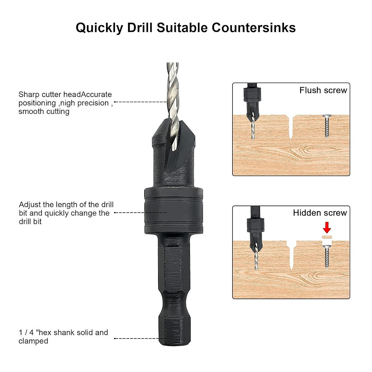 82° Countersink Drill Bit Set for Wood, HSS Counter Sinker Drill Bits Set 5-Piece 3/8" Quick Change Adjustable Drill Bits Sink Hole Drilling Tool Kit on Pilot Counter Sink Holes for Woodworking Tools