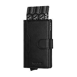 VULKIT Pop up Wallet Credit Card Holder with Leather Slots RFID Blocking Slim Metal Card Case for Men or Women(Black)