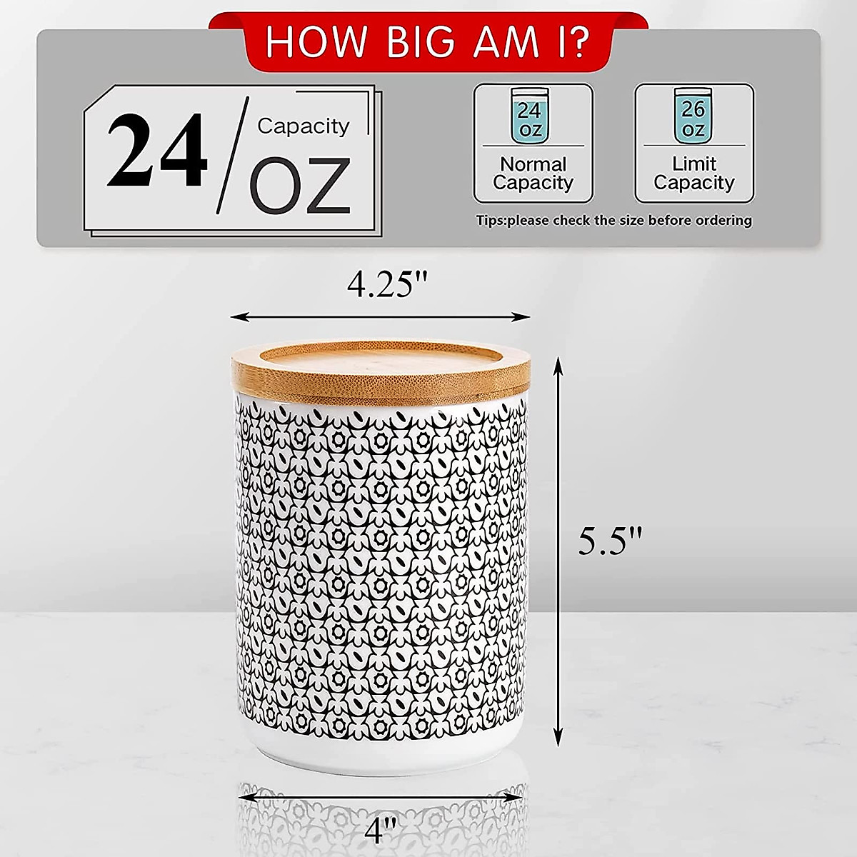 Yesland 3 Pack Kitchen Canisters Ceramic Food Storage Jar, 24 Fl Oz Round Canister Sets Coffee Canister with Airtight Lid for Ground Coffee, Sugar, Tea, Spices - Black Flower Pattern