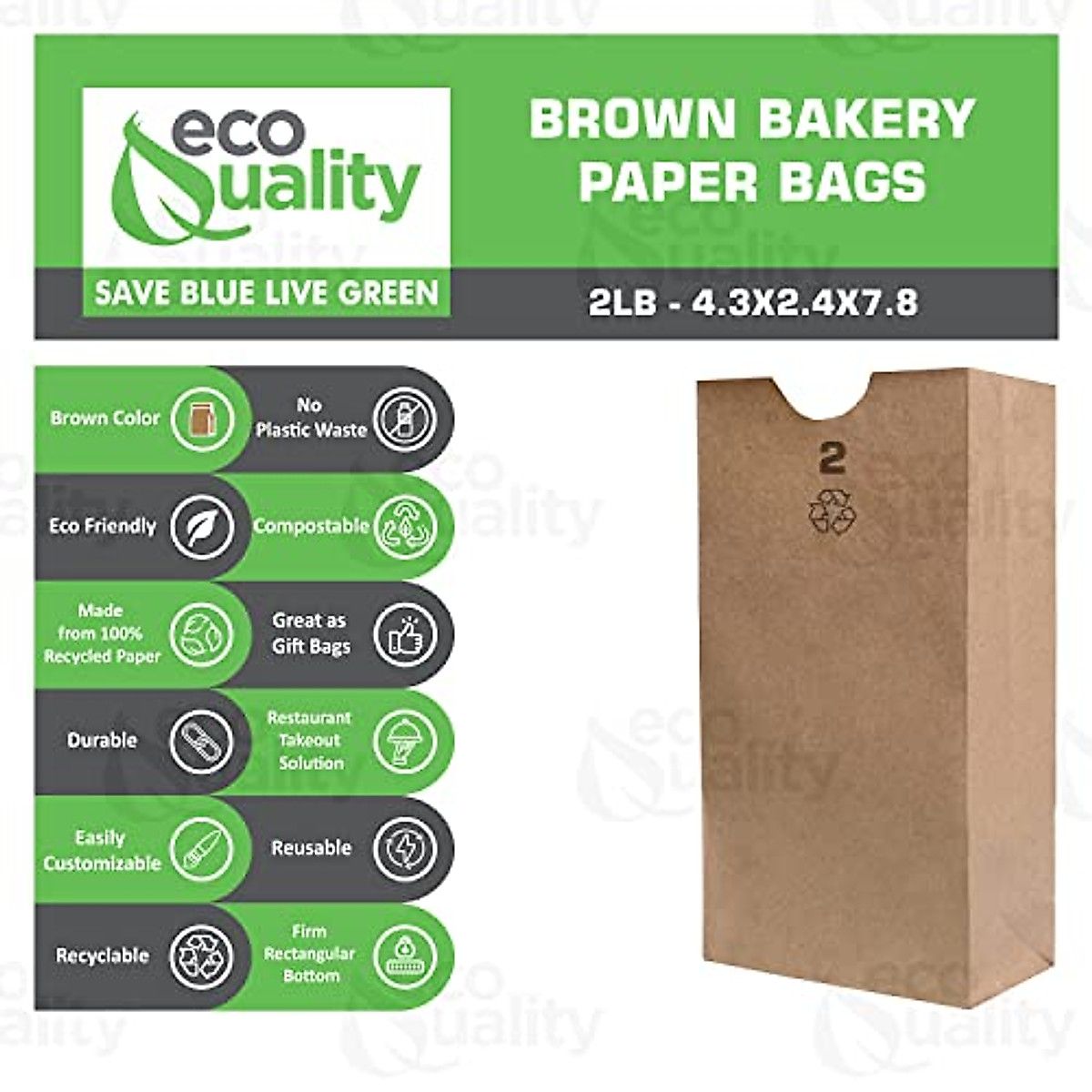 EcoQuality 100 Mini Brown Kraft Paper Bag (2 lb) Small - Paper Lunch Bags, Small Snacks, Gift Bags, Grocery, Merchandise, Party Bags (4 5/16" x 2 7/16" x 7 7/8") (2 Pound Capacity)