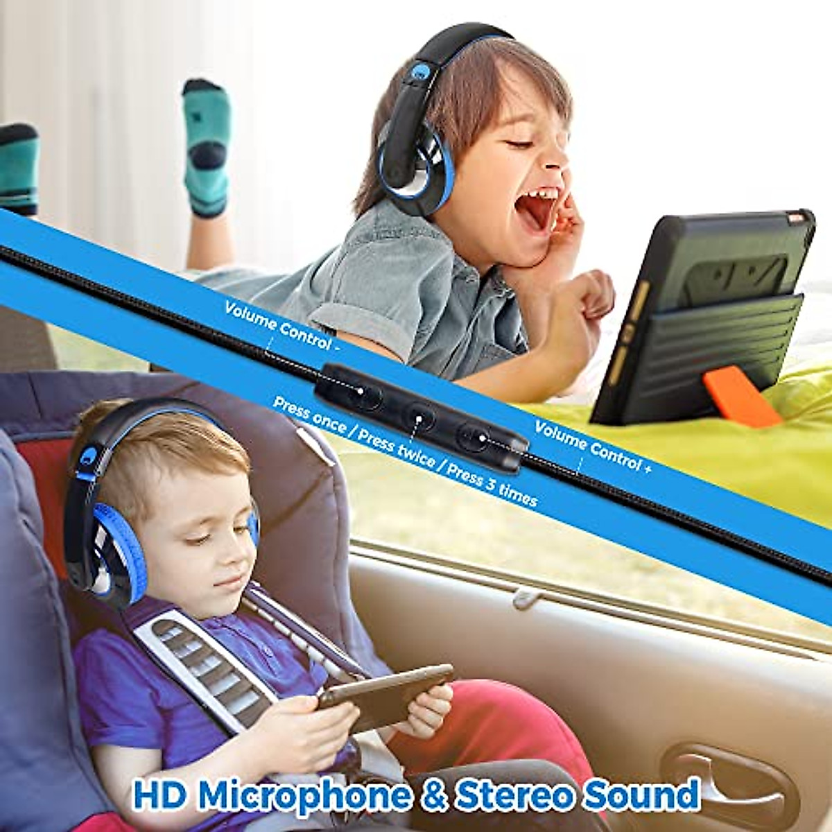 rockpapa Comfort+ Kids Headphones with Microphone and Volume Control, Boys Girls Student Over-Ear Headphones Wired for School Classroom Laptop PC Computer Tablet Black Blue