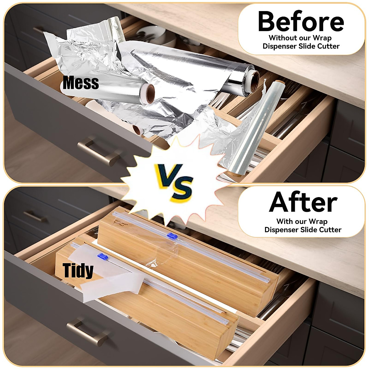 BoxThink Bamboo Wood Plastic Wrap Dispenser with Slide Cutter Also for 12 inch Aluminum foil, Parchment Paper, Cling Wrap Dispenser Sturdy and Reusable (12inch With Slide Cutte)
