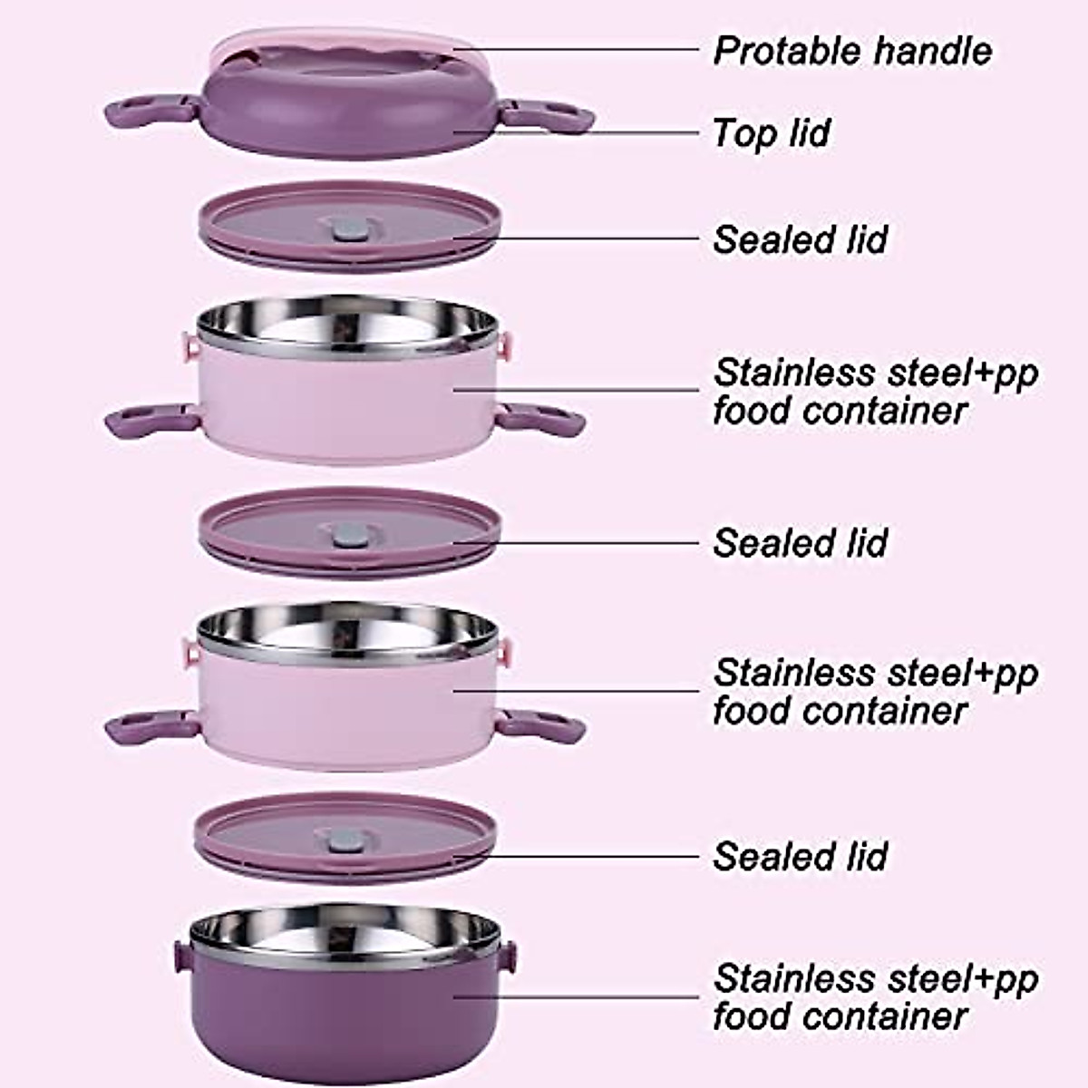 DILUOOU Stackable Lunch Box, 3 Tier Stainless Steel Thermal Lunch Box,Bento Lunch Box for Adult With Lunch Bag & Utensils (Pink)