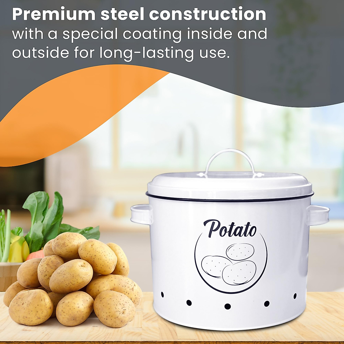 Wishful Home Potato storage | Onion & Potato Storage Container | Garlic, potato Keeper For Counter | Potato & Onion Storage Bin | potato onion garlic storage | 3 Metal Sets with Lid for Kitchen |White