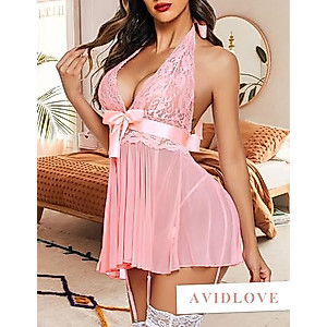 Avidlove Women's Babydoll Lingerie Halter Sexy Chemise with Garter Exotic Nightgown Peach XS