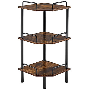 Tajsoon Corner Shelf Stand, 3 Tier Industrial Corner Shelves, Multipurpose Standing Display Shelf, Corner Shelving Unit for Bedroom, Living Room, Office, Kitchen, Rustic Brown