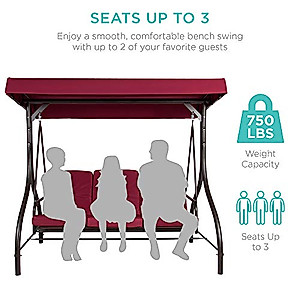 Best Choice Products 3-Seat Outdoor Large Converting Canopy Swing Glider, Patio Hammock Lounge Chair for Porch, Backyard w/Flatbed, Adjustable Shade, Removable Cushions - Burgundy