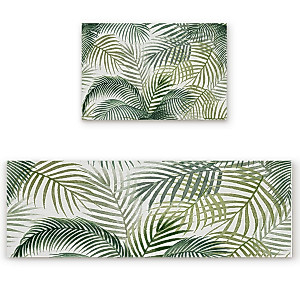 Tropical Plants Kitchen Mats for Floor Cushioned Anti Fatigue 2 Piece Set Kitchen Runner Rugs Non Skid Washable Palm Leaves Nature Vintage Nordic