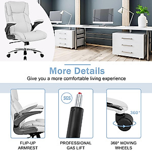 400lbs Big and Tall Office Chair Ergonomic Adjustable Rolling Swivel PU Leather Desk Chair with Padded Flip-up Armrest, High Back Executive Lumbar Support Task Work Chair for Heavy People,White