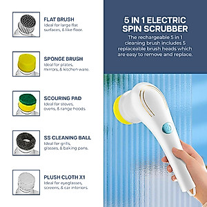 ZZ Life Electric Scrubber, Handheld Cleaning Brush, Includes 5 Replaceable Heads, Bathroom, Kitchen, Floor, Dish, Shoe, Glass - Multifunctional Home Accessory