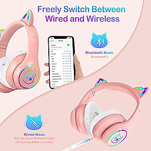 LOBKIN Bluetooth 5.1 Kids Headphones with Case - RGB LED Light Up Cat Ears Foldable Adjustable On-Ear Headset Support Wireless or 3.5mm Wired Mode for Toddler & Girls & Boys Teens (Pink)