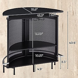 JOMEED Bar Table with Storage, High Top Table with Metal Mesh Front, Goblet Holders and Footrest, Semi Cylindrical Shape Black Liquor Bar for Home
