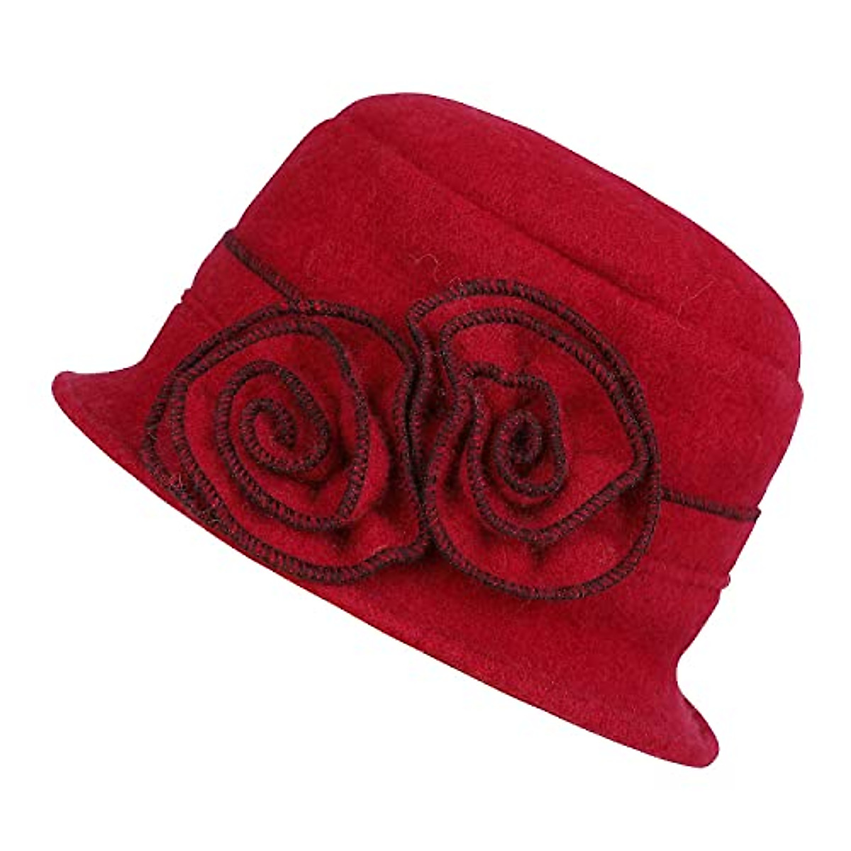 DT DANTIYA 1920s Gatsby Womens Winter Warm Wool Cloche Bucket Hat Slouch Wrinkled Beanie Cap with Flower Wine Red