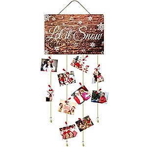 Christmas Card Holder Display Wooden Christmas Tree Let It Snow Wall Hanging Picture Holder with 35 Snowflake Wooden Photo Clips Picture Frame Decoration for Hanging Christmas Cards Photo Paper Crafts