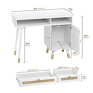 Anmytek Rattan Vanity Desk with Drawers and Storage, White Makeup Vanity Table Modern Home Office Desk Computer Desk for Study D0006