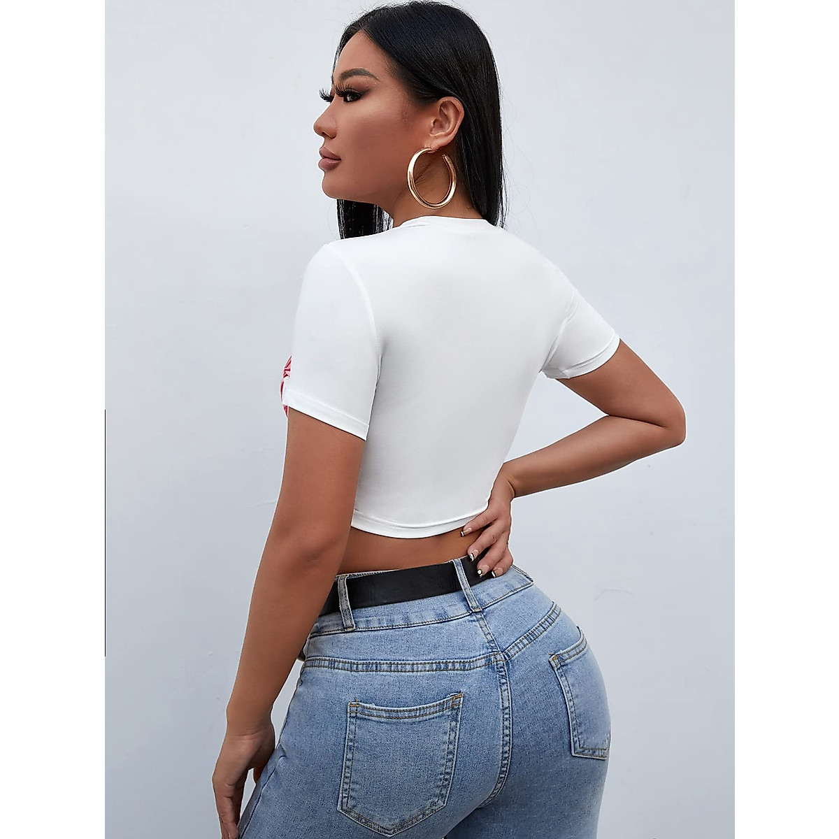 Floerns Women's Letter Graphic Print Short Sleeve Tee Shirt Crop Top White L