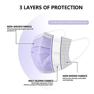 akgk Disposable Face Masks 100Pcs, 3 Layer Protective Face Mask Purple Face Masks