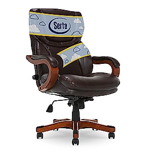 Serta Big and Tall Executive Office Chair with Wood Accents Adjustable High Back Ergonomic Lumbar Support, Bonded Leather, 30.5D x 27.25W x 43.5H in, Brown