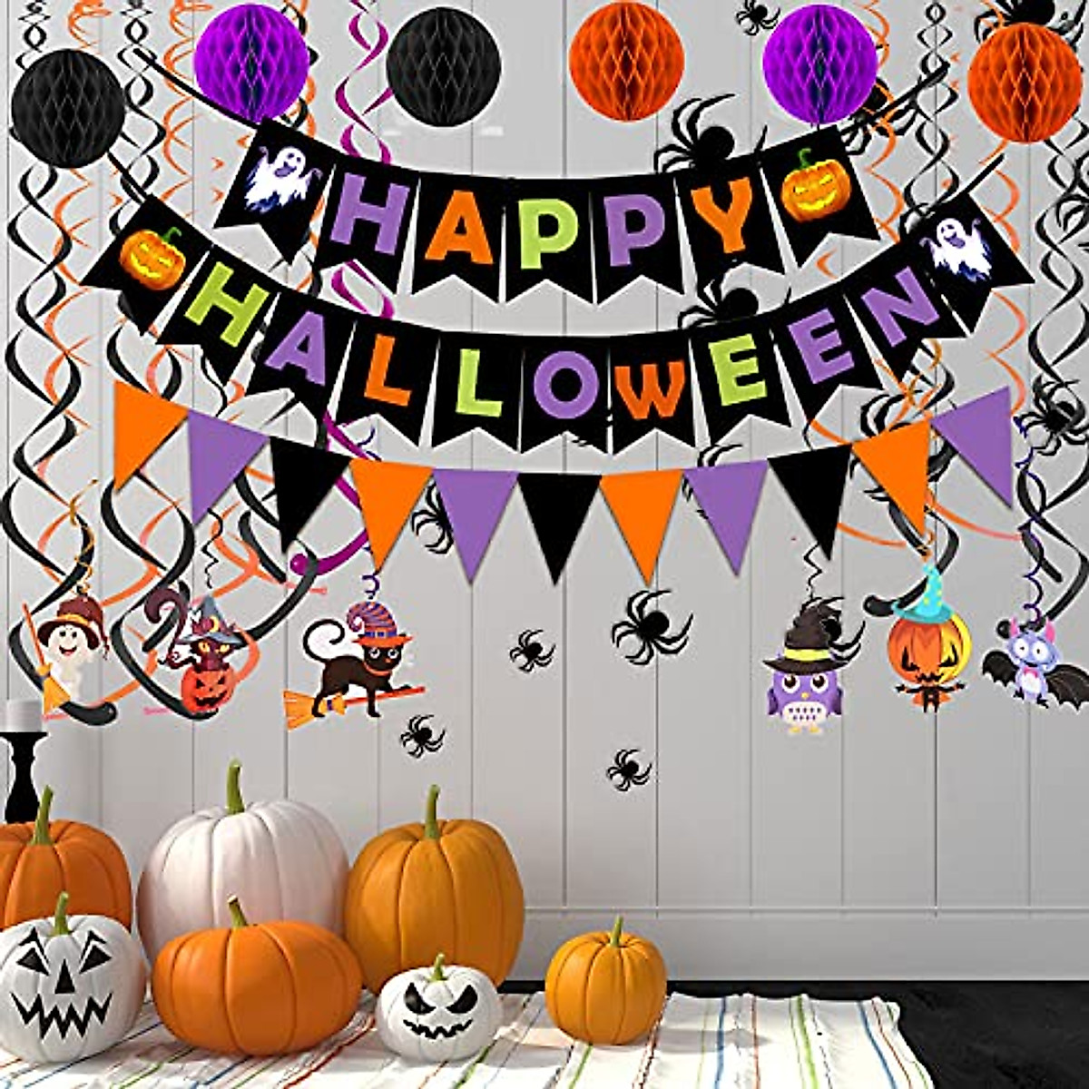 Happy Halloween Banner Paper Triangle Flag Bunting Circle Confetti Dots Hanging Garland Honeycomb Ball Swirl Streamers for Halloween Party Decorations