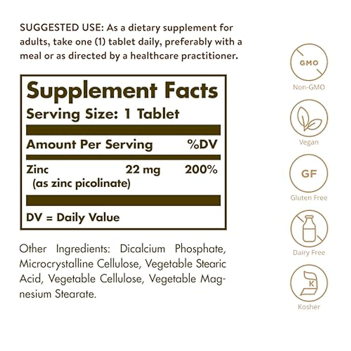 Solgar Zinc Picolinate 22 mg, 100 Tablets - Promotes Healthy Skin - Supports Immune System, Normal Taste & Vision - Antioxidant - Non GMO, Vegan, Gluten Free, Dairy Free, Kosher - 100 Servings