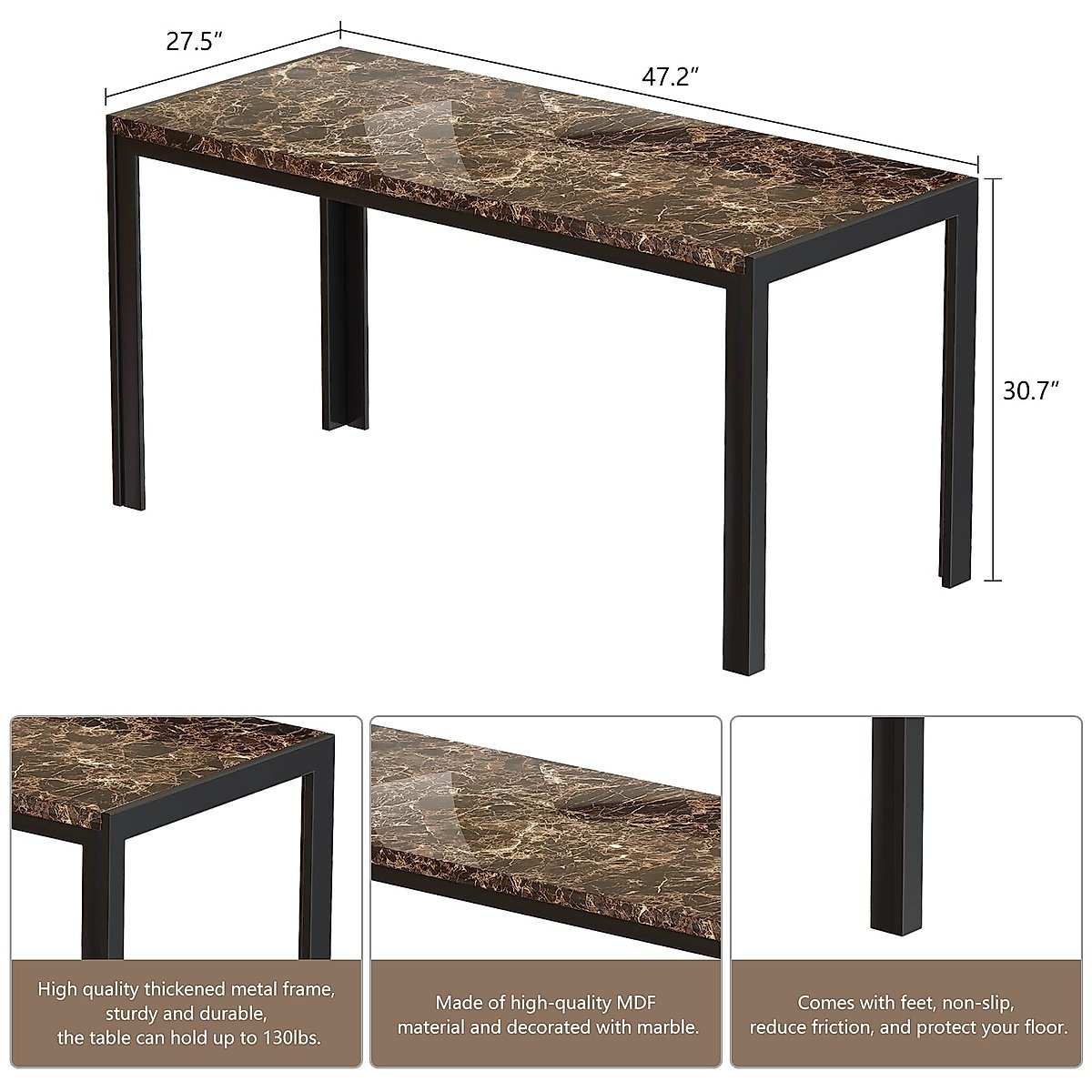 Recaceik Dining Table Set for 4, Kitchen Table and Chairs for 4, Faux Marble Dining Room Table with 2 Benches, Space Saving Dining Table and Upholstered PU Leather Bench for Small Spaces, Brown