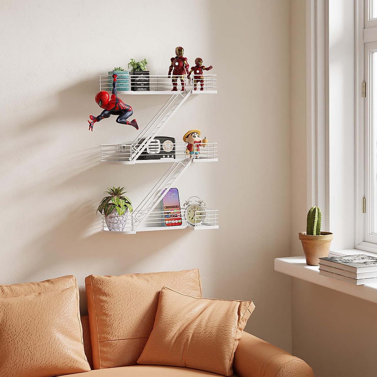 YEMNMFH 15 Inch Fire Escape Wall Shelf - White Metal Decorative Shelves, Eye-Catching Figurine Display Shelf Wall Mounted, Unique Ladder Home Décor for Knick Knack, Action Figure, Bedroom, Bathroom