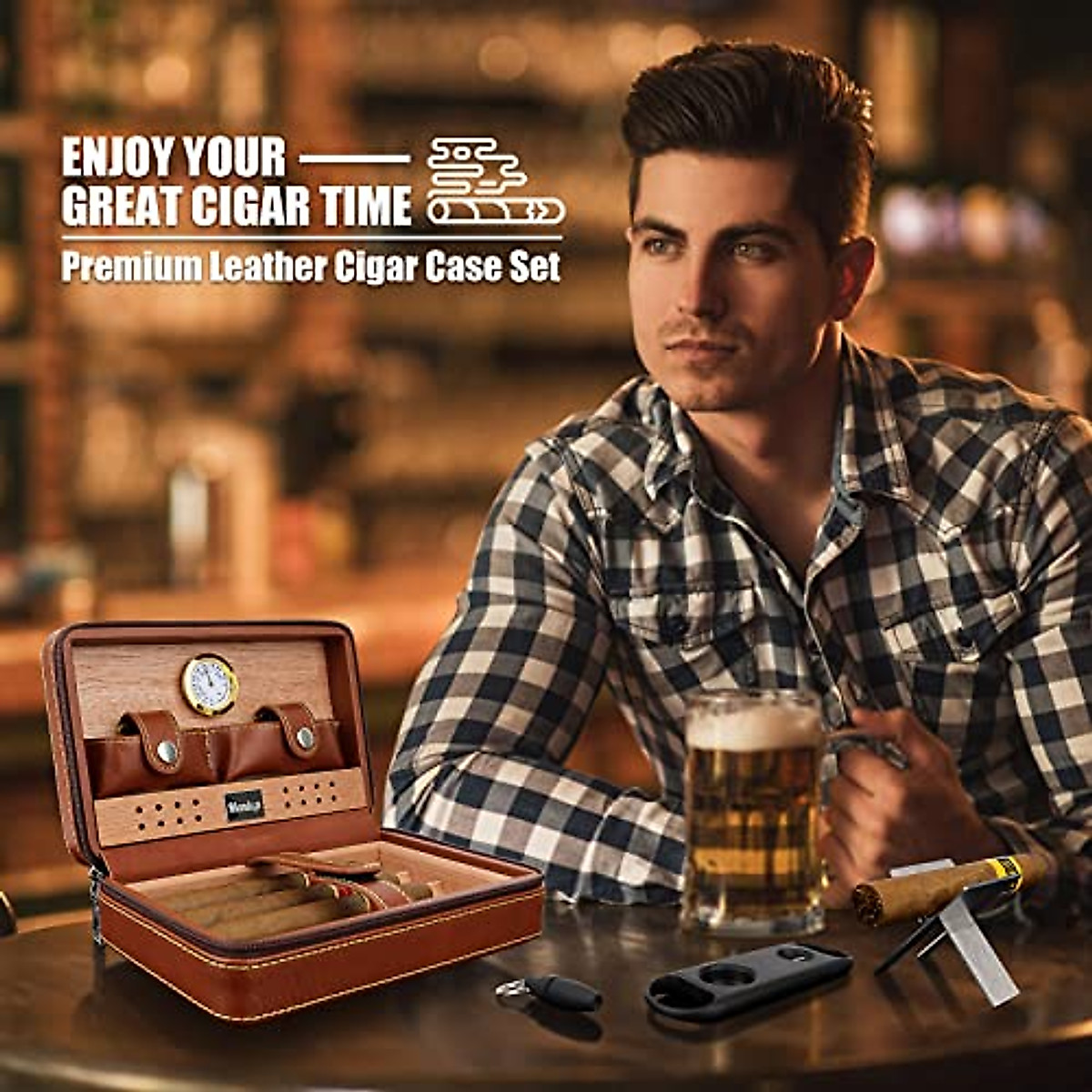 Premium Leather Cigar Humidor Set, Insides Magnetic Hygrometer &amp;Cedar Wood, Cigar Humidifier, V Cutter, Cigar Stand and Punch, Holds 4 Cigars, Portable Travel Cigar Case for Festival Gift, Birthday