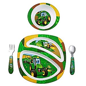 The First Years John Deere's Johnny Tractor and Friends Dinnerware Set - Toddler Plates and Bowls Set - Includes Toddler Plate, Toddler Bowl, Toddler Fork and Toddler Spoon - 4 Count