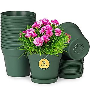 homenote Plant Pots,15 Pack 6 inch Flower Pots with Multiple Drainage Holes and Saucers,Plastic Planters for All Home Garden Flowers Succulents(Green)