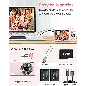Digital Camera Auto Focus 2.7K 48MP Digital Point and Shoot Camera with 32GB Memory Card,16X Zoom, Time Lapse Vlogging Camera Digital Cameras for 8-15 Years Kids Teenagers Students Boys Girls,Pink
