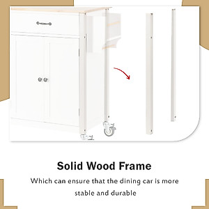 Kitchen Island on Wheels - Moveable Kitchen Island with Solid Wood Top and Locking Wheels, Rolling Kitchen Carts on Wheels with Storage, White