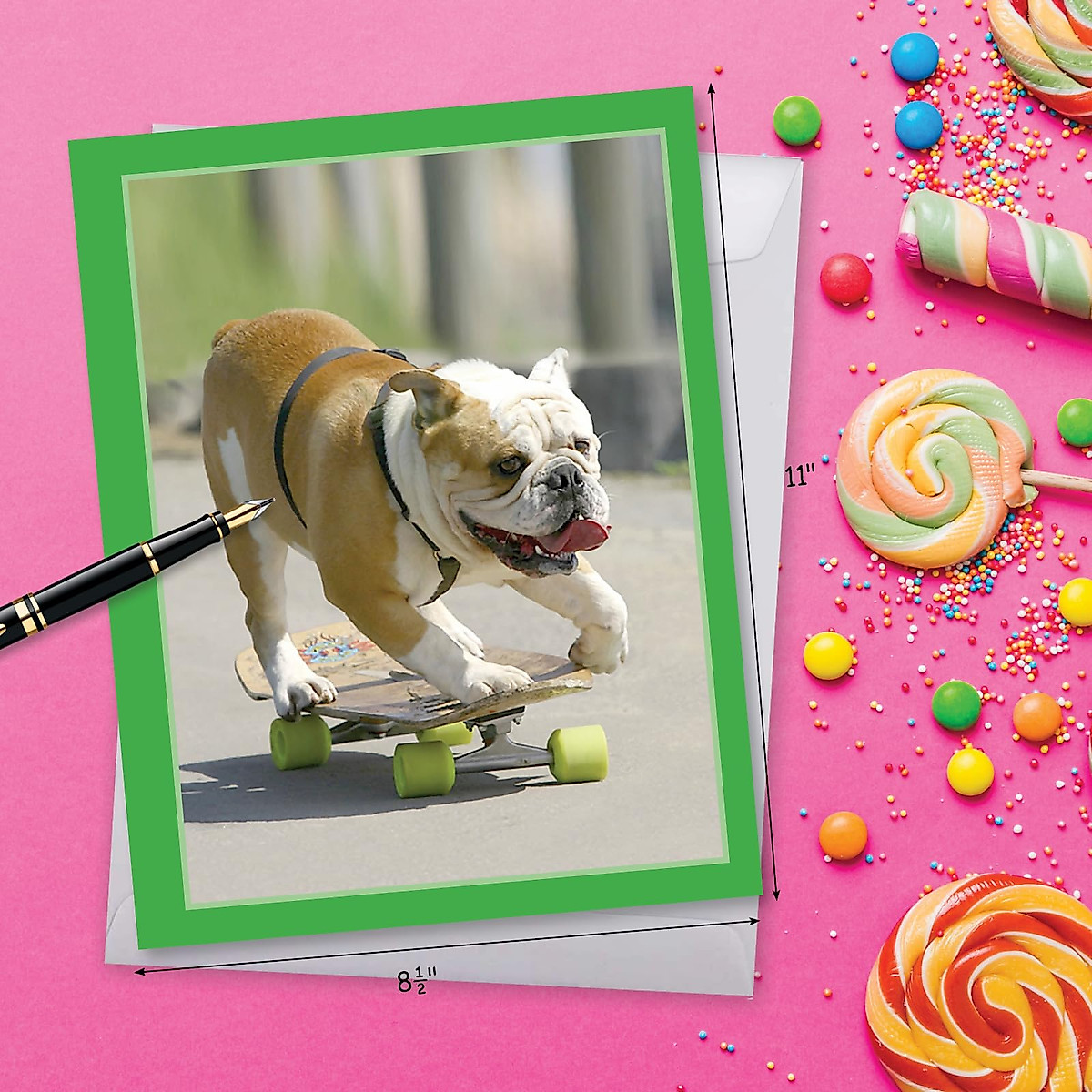 NobleWorks - Hilarious Happy Birthday Card with Envelope (8.5 x 11 Inch) - Funny Animal Greeting Card From All Of Us - Skating Bulldogs - Green Wheels J9517EBDG-US